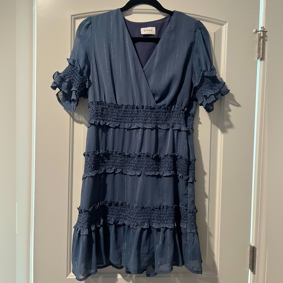 Dresses | Storia Tiered Ruffle Mini Dress Slate Blue | Poshmark